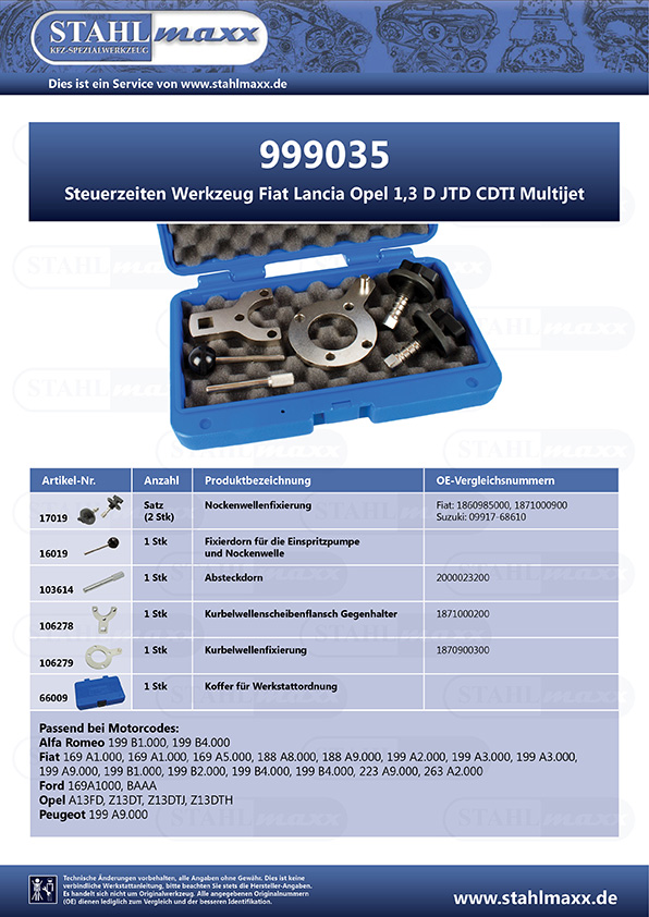 Steuerzeitenwerkzeug für Fiat Lancia Opel - 1.3 D, JTD, CDTI, TDCI ...